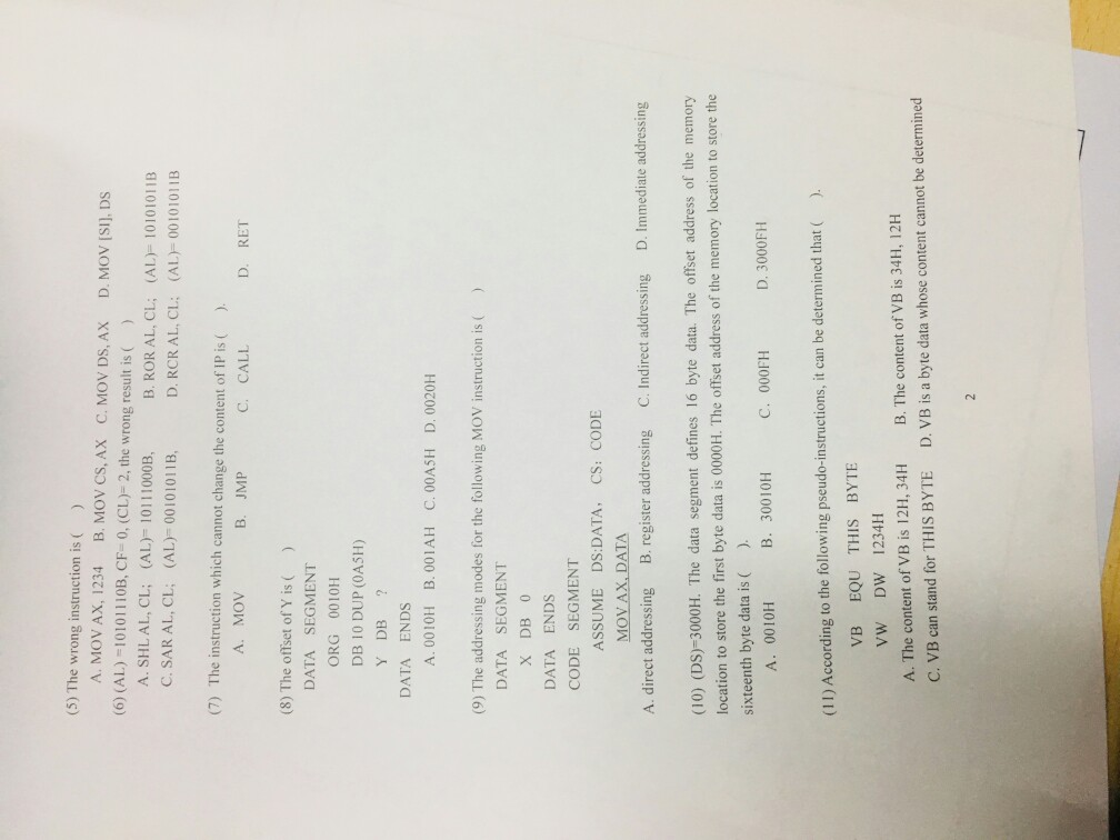 Solved (5) The wrong instruction is ( A. MOV AX, 1234 B. MOV | Chegg.com