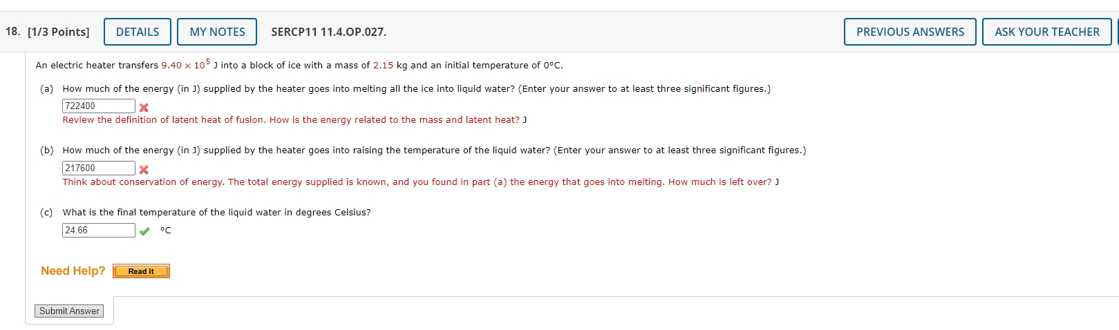 Solved Points]SERCP11 11.4.OP.027.An electric heater | Chegg.com