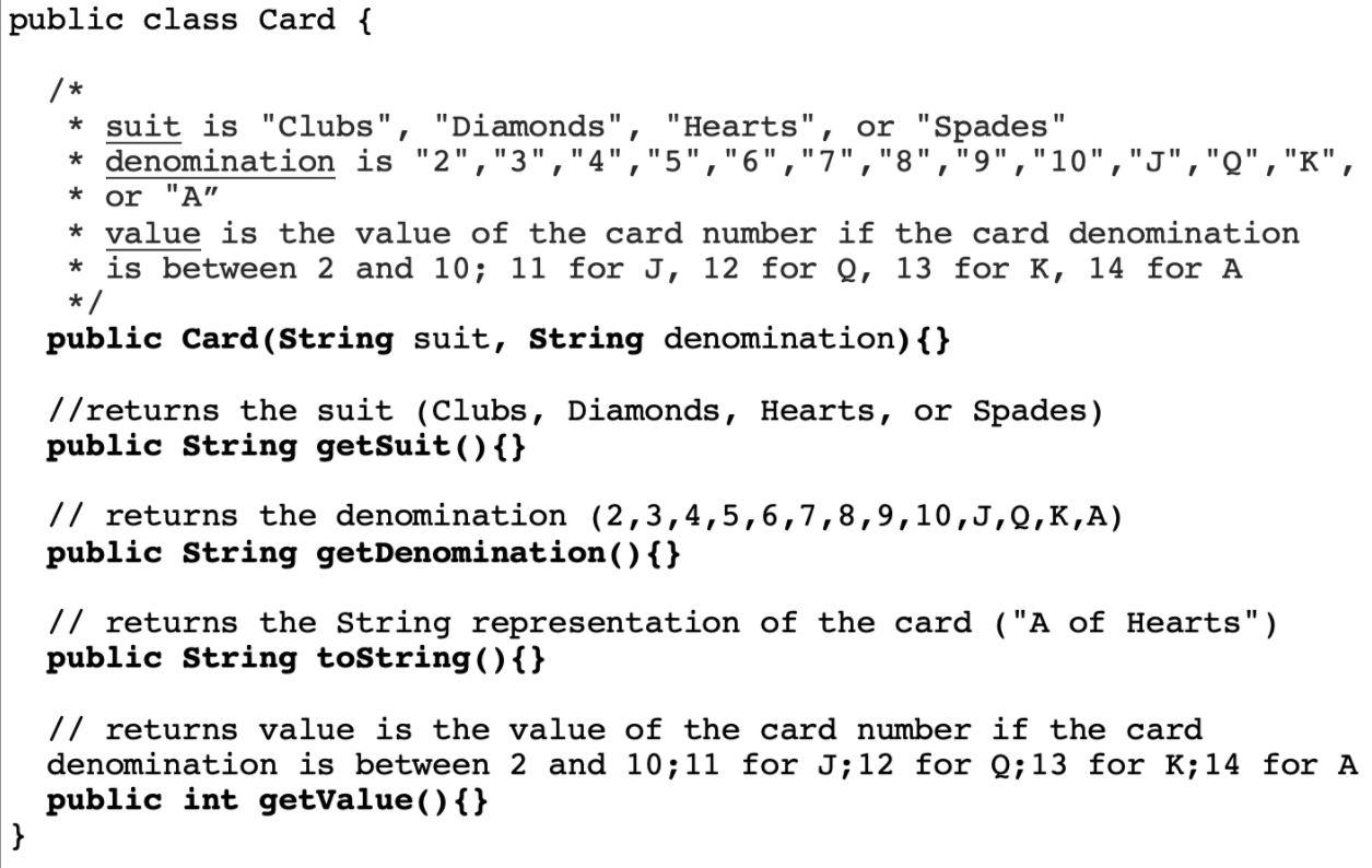 Solved public class Card { /* * suit is "Clubs", "Diamonds", | Chegg.com
