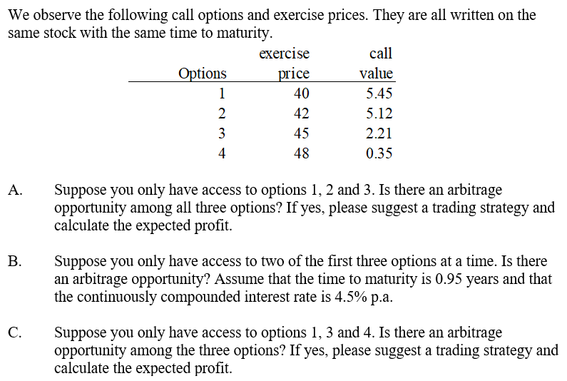 Solved We observe the following call options and exercise | Chegg.com