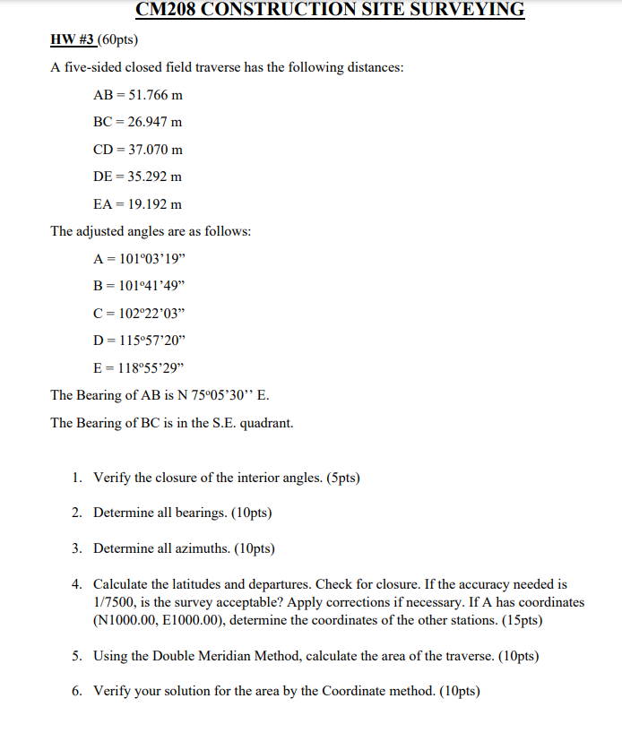Solved CM208 CONSTRUCTION SITE SURVEYING HW #3 (60pts) A | Chegg.com