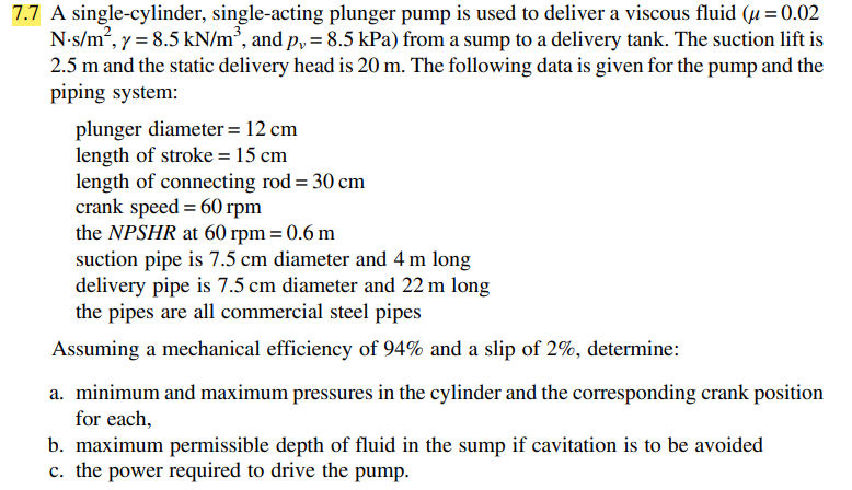 Solved 7 A single-cylinder, single-acting plunger pump is | Chegg.com
