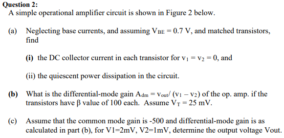 Solved Question 2: A simple operational amplifier circuit is | Chegg.com