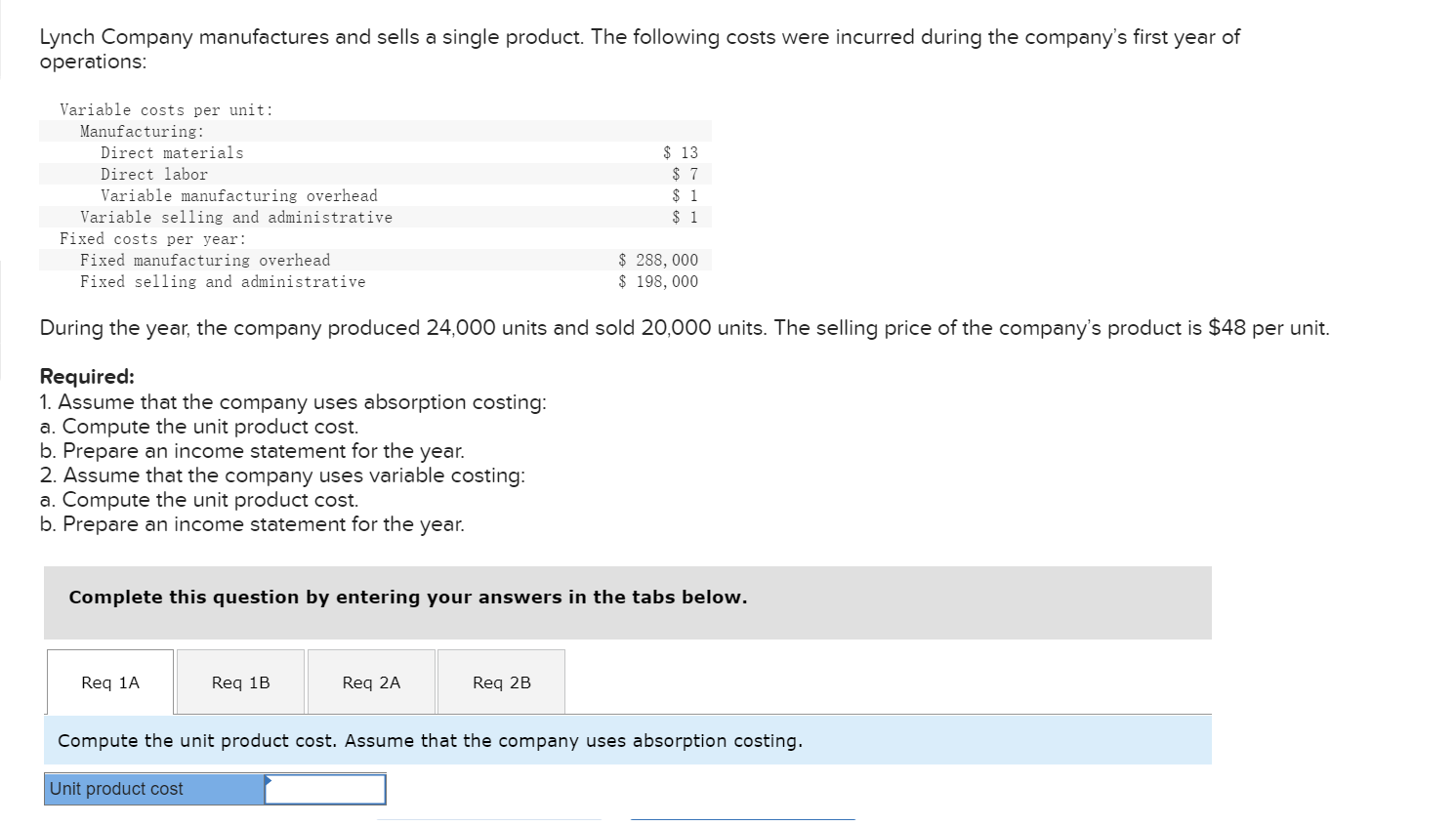 Solved Lynch Company manufactures and sells a single | Chegg.com