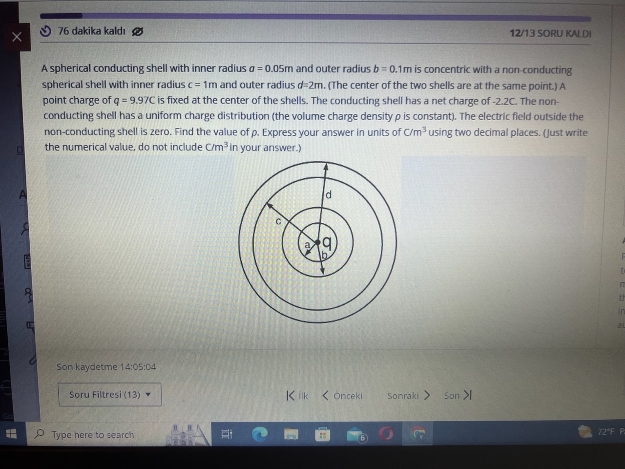 Solved A spherical conducting shell with inner radius a=0.05 | Chegg.com