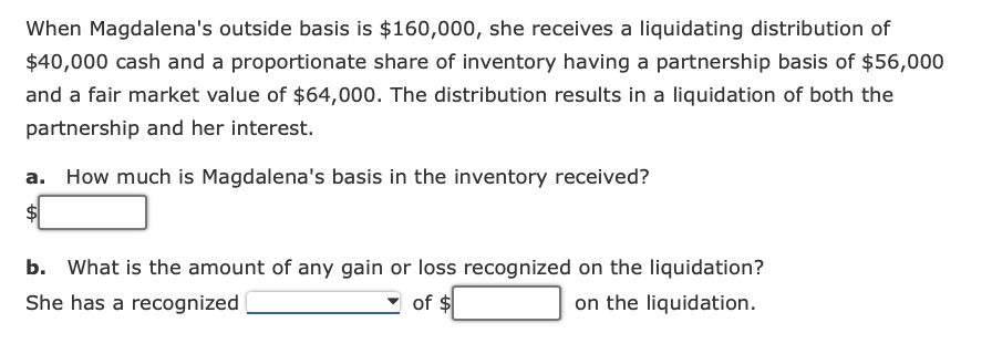 Solved When Magdalena's outside basis is $160,000, she | Chegg.com