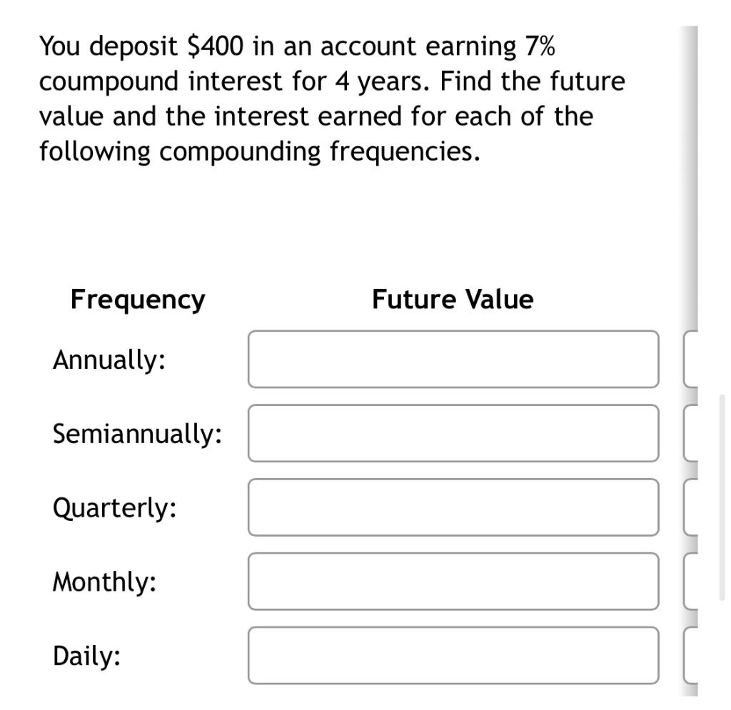 Solved You deposit $400 in an account earning 7% coumpound | Chegg.com
