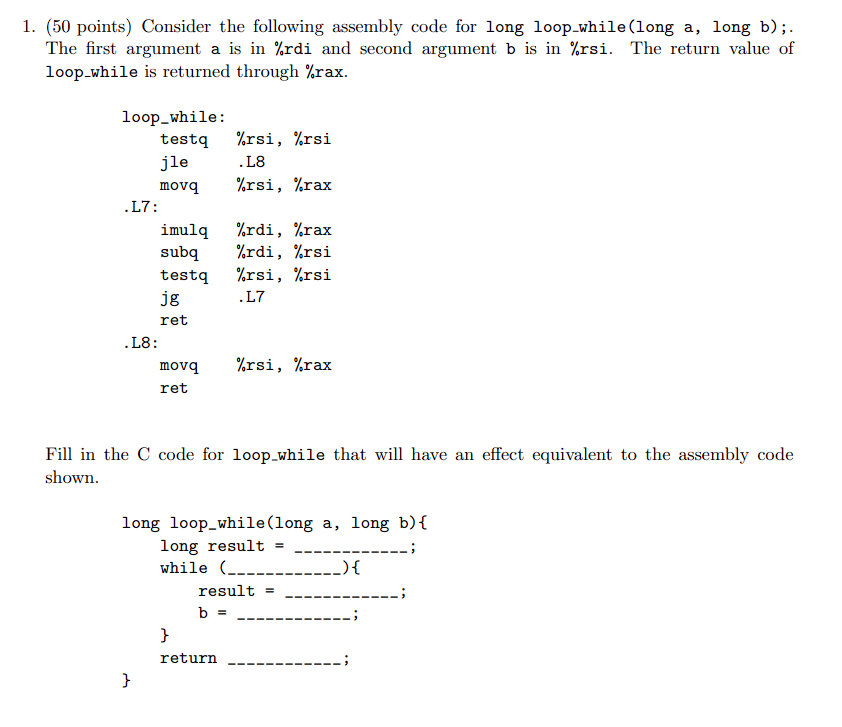 Solved 1. (50 points) Consider the following assembly code | Chegg.com