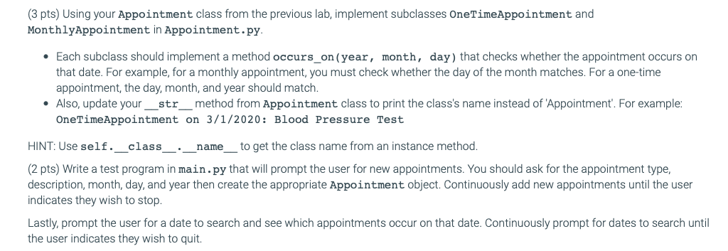 Solved In Python 3 Please Using Your Appointment Class From 4153