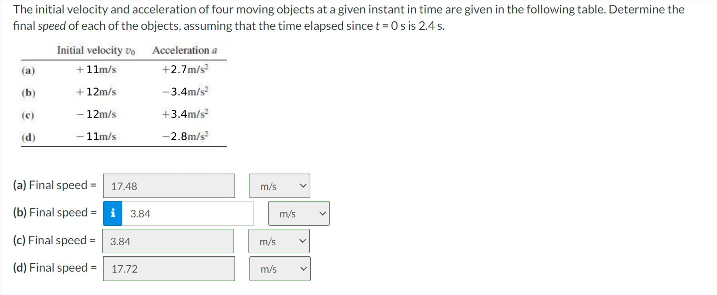 Solved The Initial Velocity And Acceleration Of Four Moving