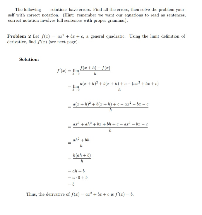 Solved The following solutions have errors. Find all the | Chegg.com