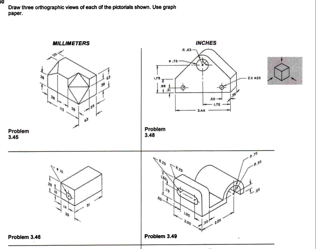 Solved 50 Draw three orthographic views of each of the | Chegg.com