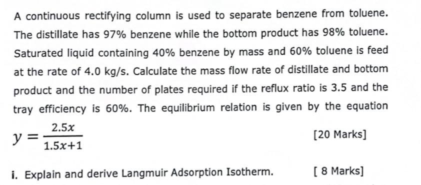 Solved A continuous rectifying column is used to separate | Chegg.com