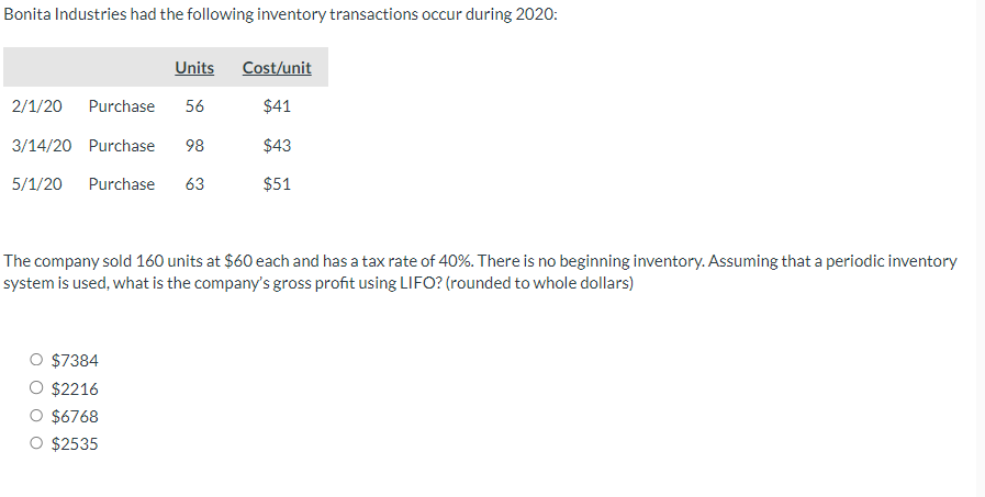 Solved Bonita Industries had the following inventory | Chegg.com