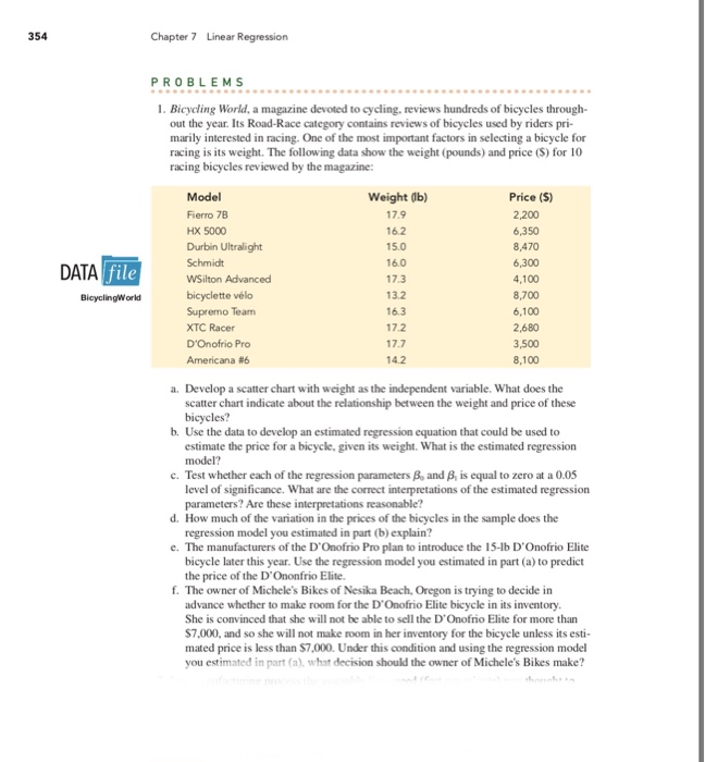 Solved 354 Chapter 7 Linear Regression PROBLEMS 1. Bicycling | Chegg.com