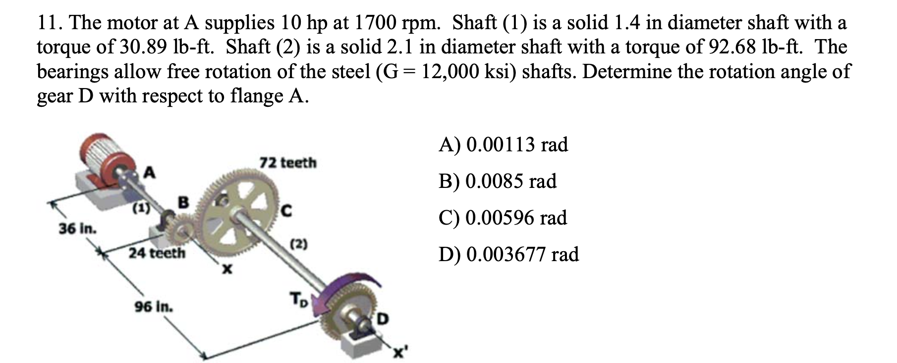 Solved 11. The motor at A supplies 10 hp at 1700 rpm. Shaft | Chegg.com