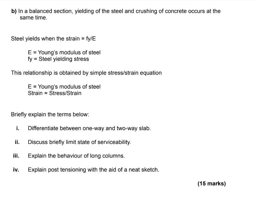 Solved b) In a balanced section, yielding of the steel and | Chegg.com