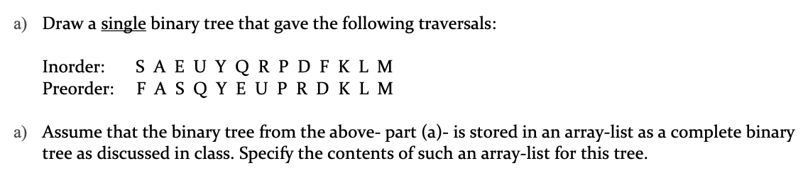 Solved a) Draw a single binary tree that gave the following | Chegg.com