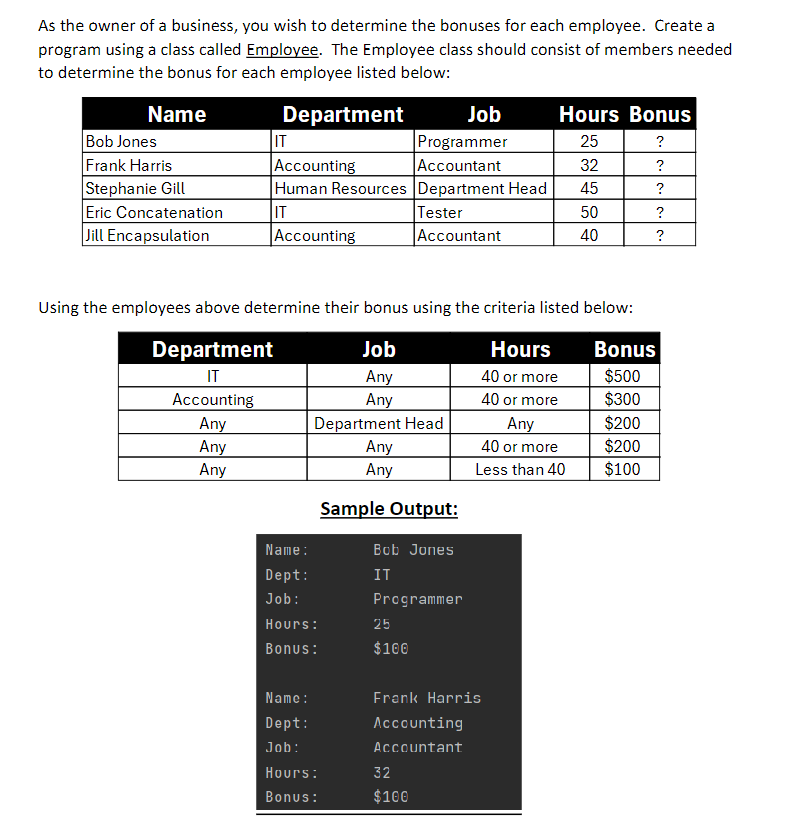 Solved Using the employees above determine their bonus using | Chegg.com