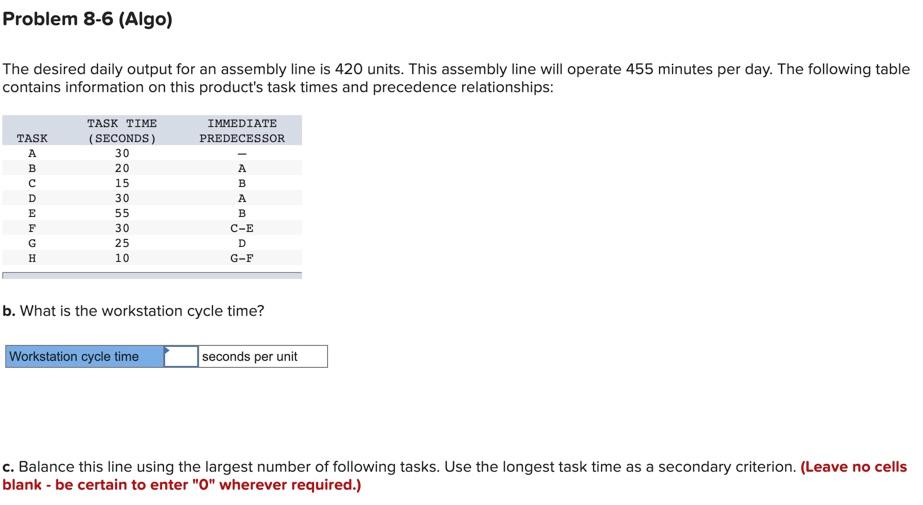 Solved Problem 8-6 (Algo) The desired daily output for an | Chegg.com