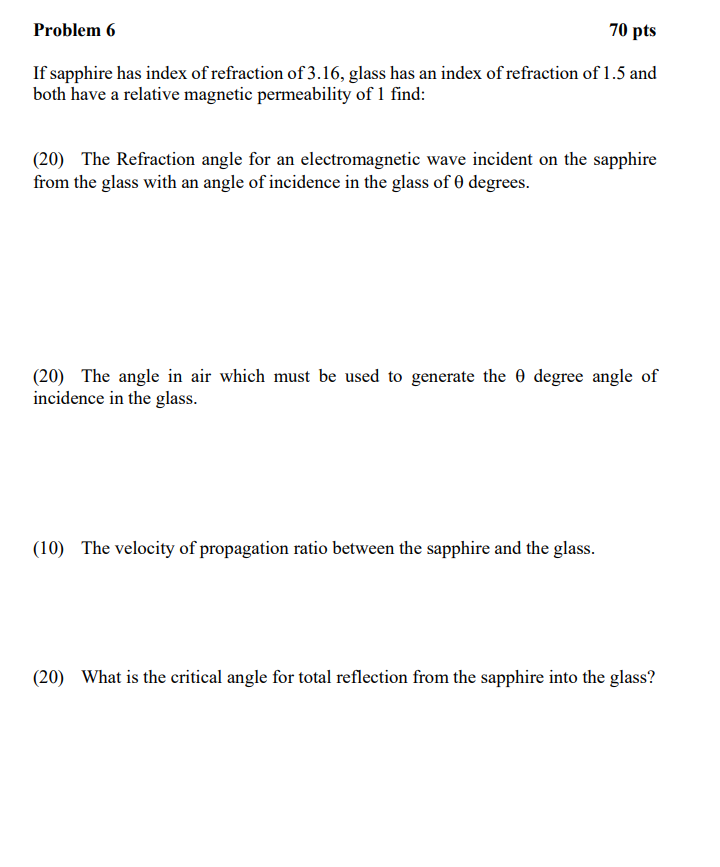 Solved Problem 6 70 pts If sapphire has index of refraction | Chegg.com