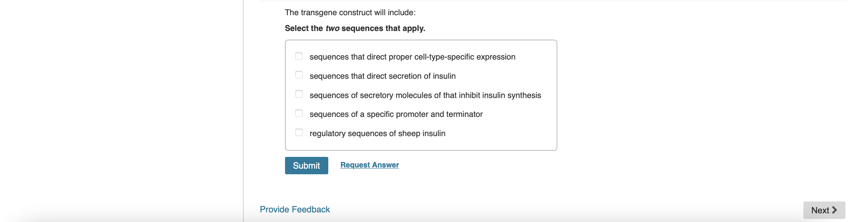 Solved The transgene construct will include: Select the two | Chegg.com