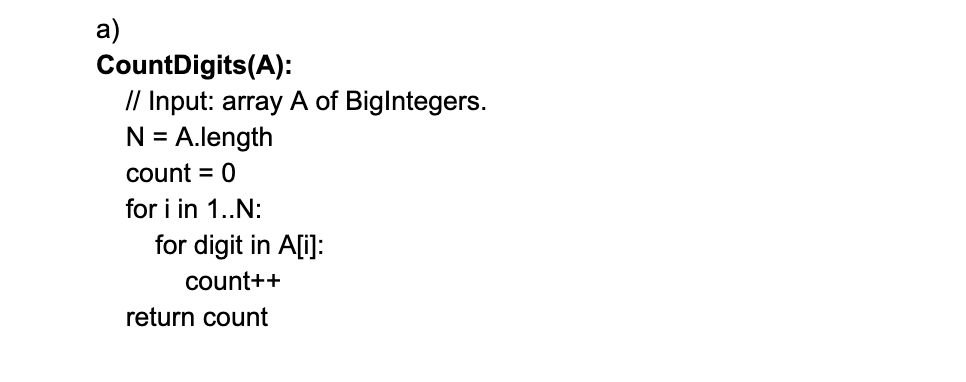 Solved a) CountDigits(A): // Input: array A of BigIntegers. | Chegg.com
