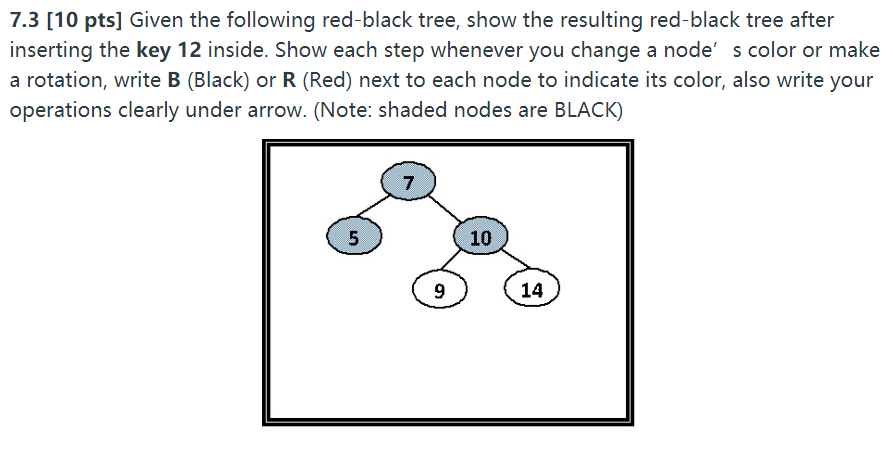 Solved 7.3 [10 pts] Given the following red-black tree, show | Chegg.com