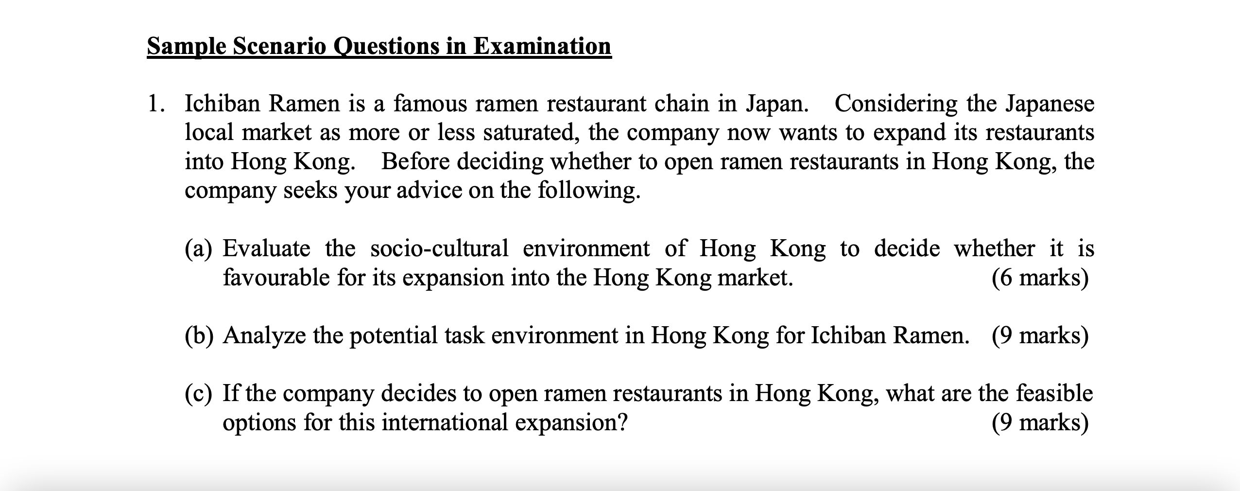 Solved Sample Scenario Questions in Examination 1. Ichiban | Chegg.com