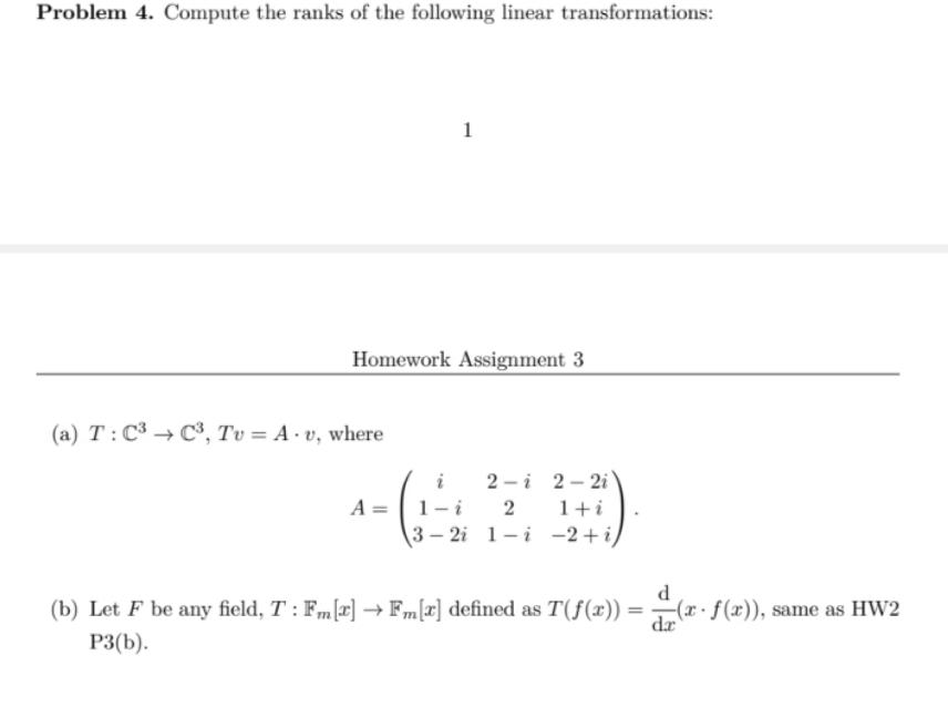 Solved Problem 4. Compute the ranks of the following linear | Chegg.com