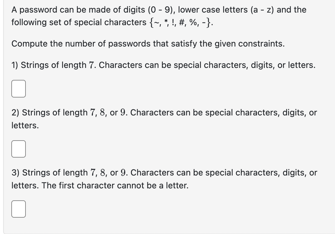Solved A password can be made of digits (0−9), lower case | Chegg.com
