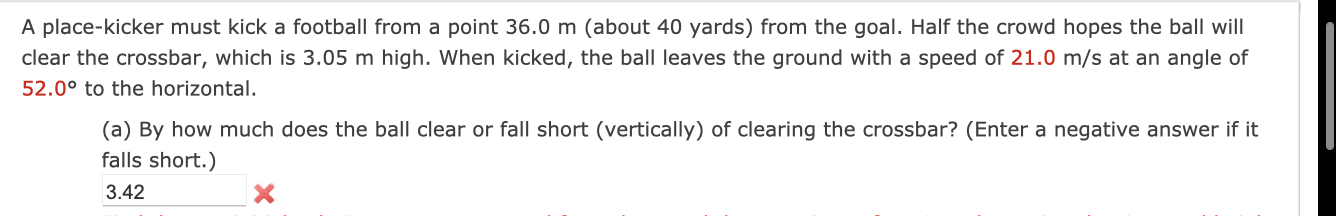 Solved A place-kicker must kick a football from a point 36.0 | Chegg.com