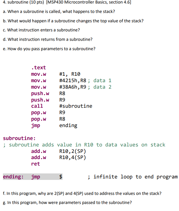 Solved 4. subroutine (10 pts) [MSP430 Microcontroller | Chegg.com