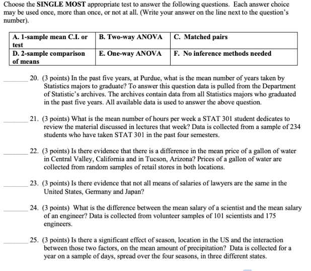 Solved Choose the SINGLE MOST appropriate test to answer the | Chegg.com