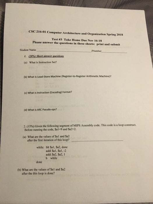 Solved Csc 216 01 Computer Architecture And Organization