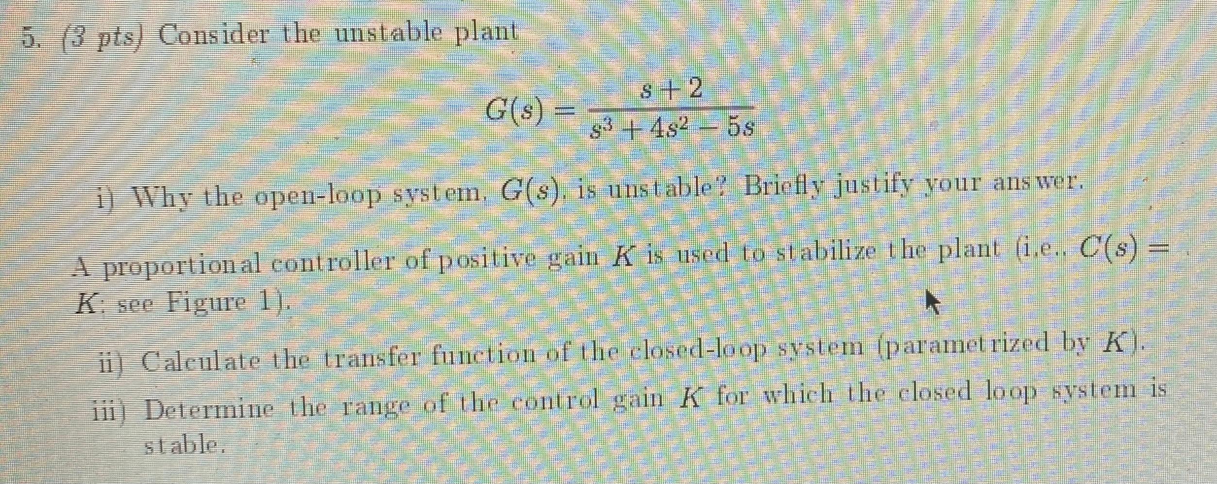 Solved 5. (3 pts) Consider the unstable plant G(s) s +2 33 + | Chegg.com