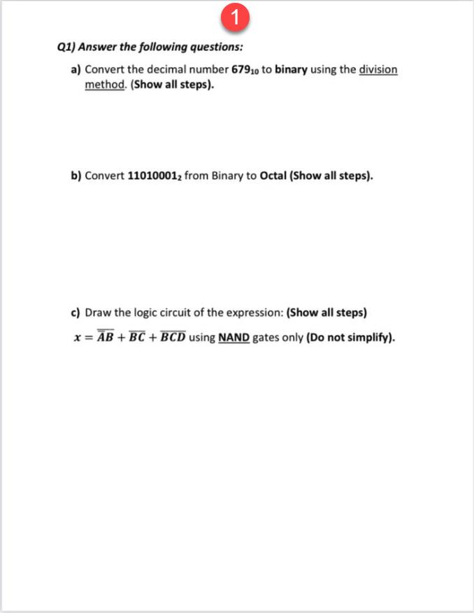Solved 1 Q1) Answer the following questions: a) Convert the | Chegg.com
