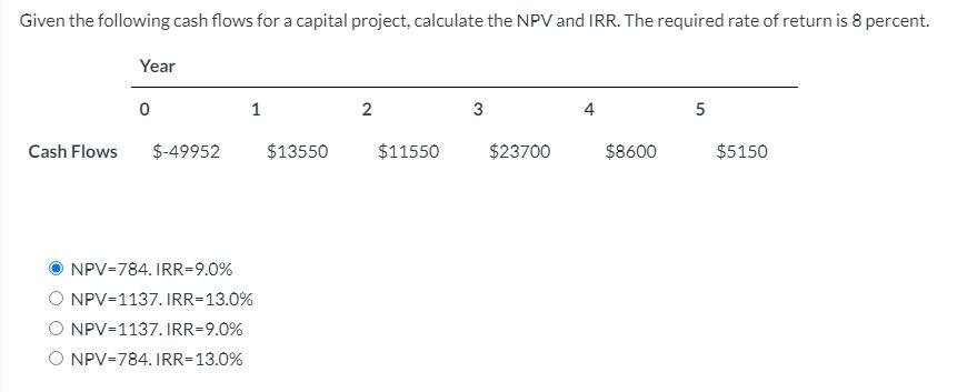 Solved Given the following cash flows for a capital project, | Chegg.com