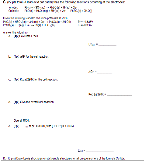 Solved C. (22 pts total) A lead-acid car battery has the | Chegg.com