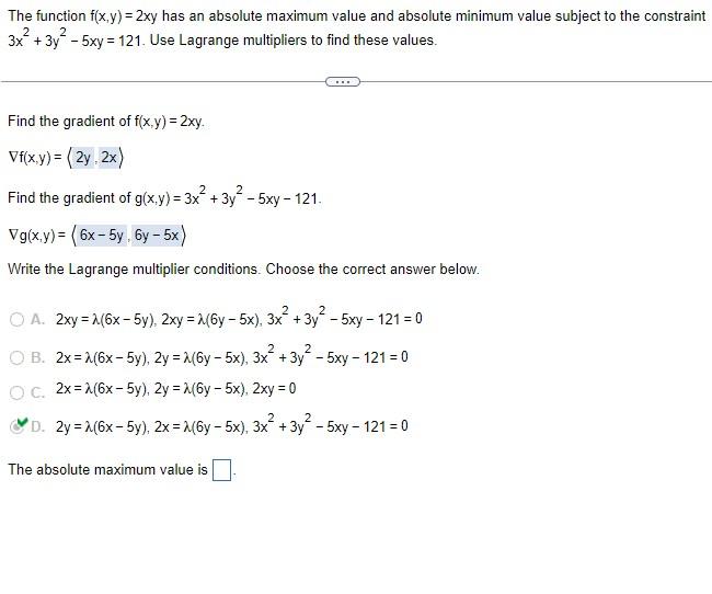 Solved The function f(x,y)=2xy has an absolute maximum value | Chegg.com