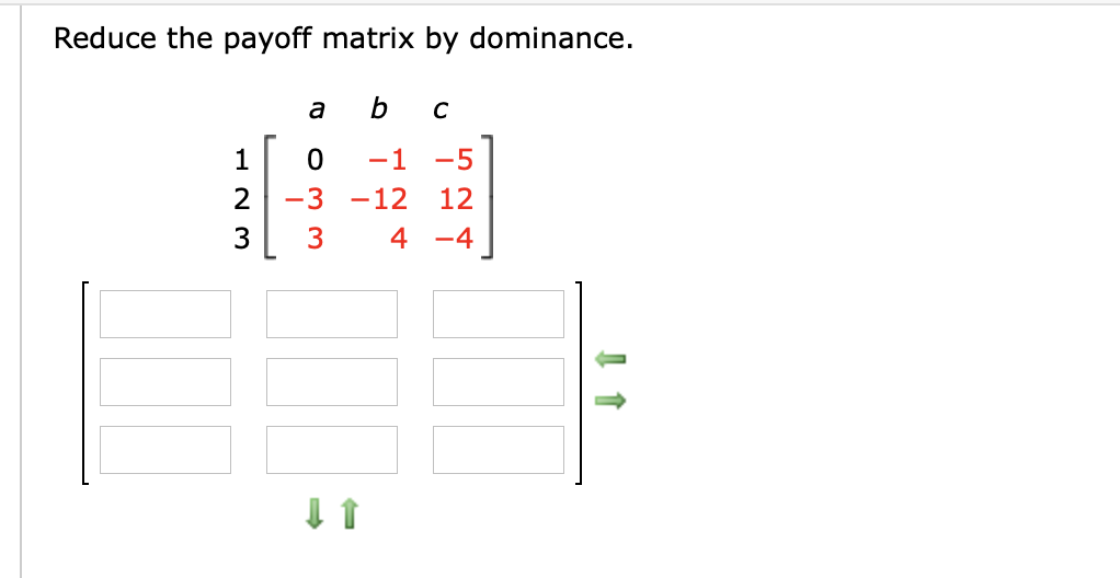 Solved Reduce the payoff matrix by dominance. a b C 1 Nm 2 3 | Chegg.com