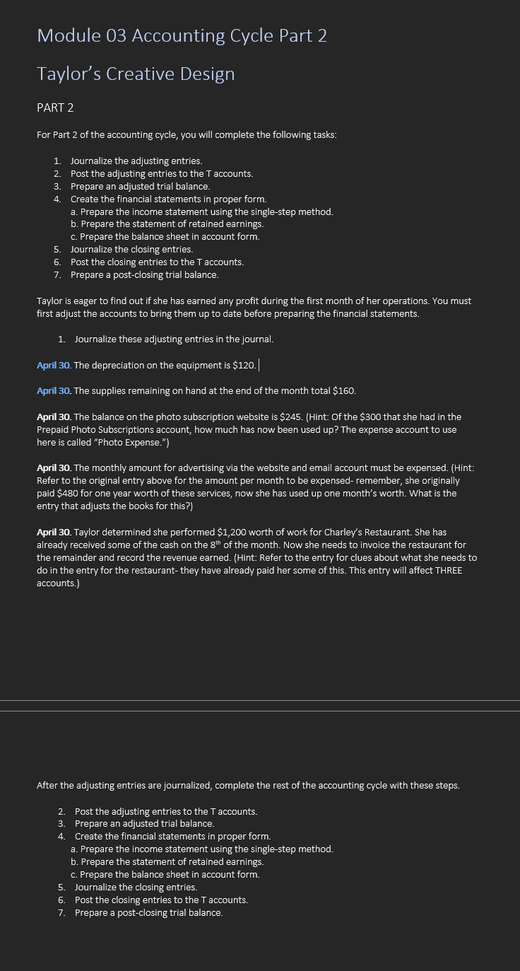 Module 03 ﻿Accounting Cycle Part 2Taylor's Creative | Chegg.com