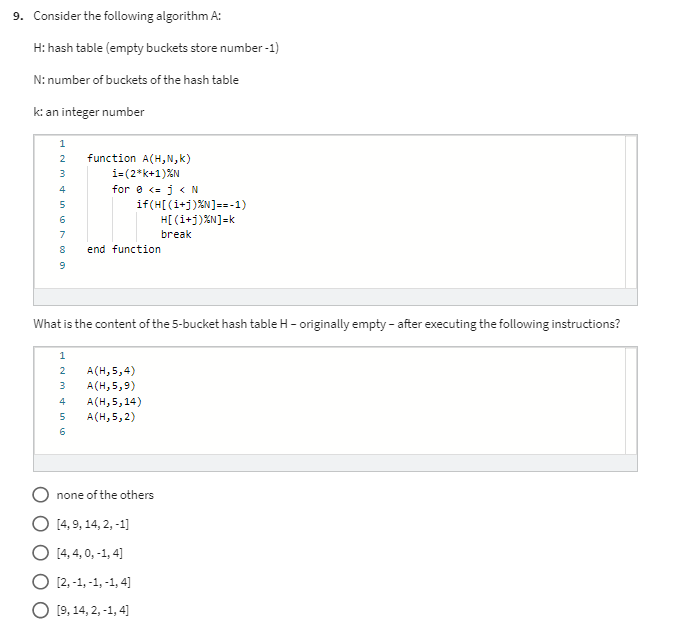 Solved 9. Consider the following algorithm A: H: hash table | Chegg.com