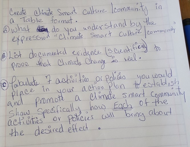 Solved a Table format Create climate Smart culture community | Chegg.com