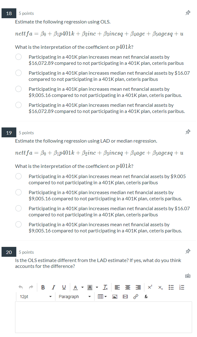 Solved LAD Regression Use data from 401Ksubs.RData for this | Chegg.com