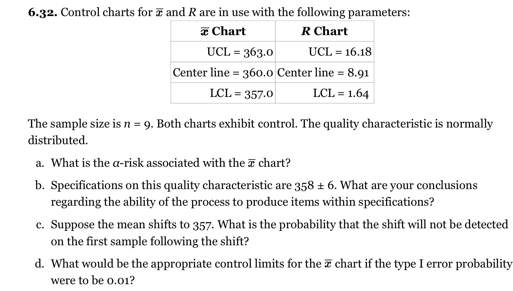 Solved 6.32. Control charts for xˉ and R are in use with the | Chegg.com