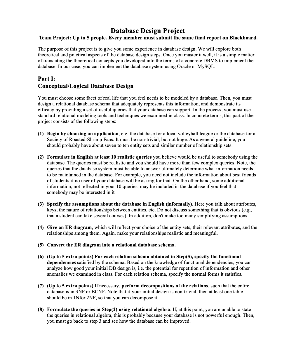 Solved Database Design Project Team Project: Up to 5 people. | Chegg.com
