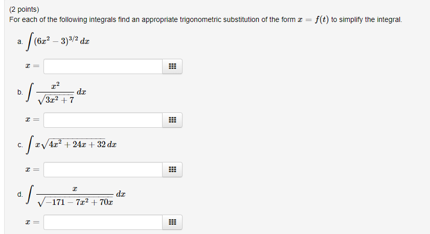 Solved (2 ﻿points)For each of ﻿the following integrals find | Chegg.com
