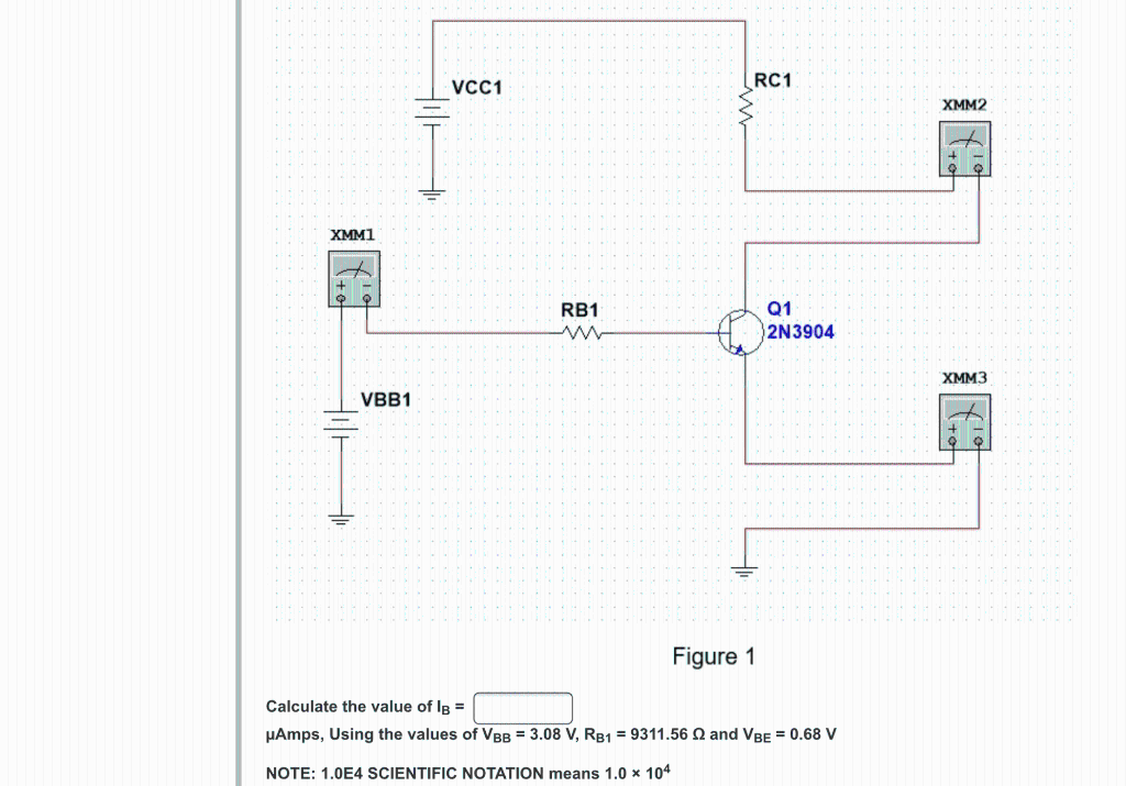 Solved VCC1 RC1 XMM2 XMM1 RB1 W Q1 2N3904 XMM3 VBB1 Figure 1 | Chegg.com
