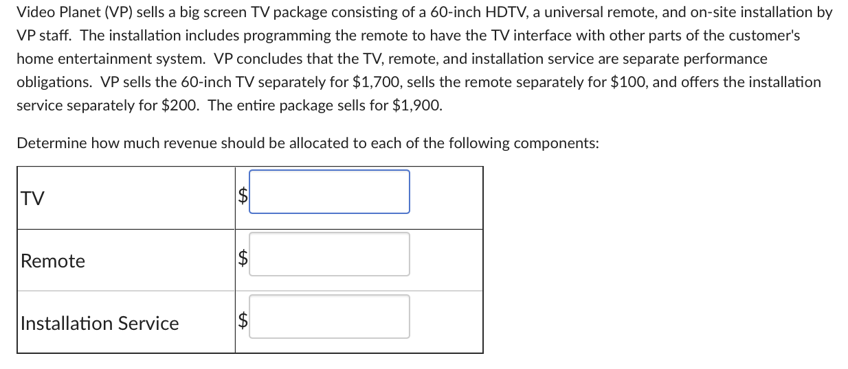 Solved Video Planet (VP) sells a big screen TV package | Chegg.com